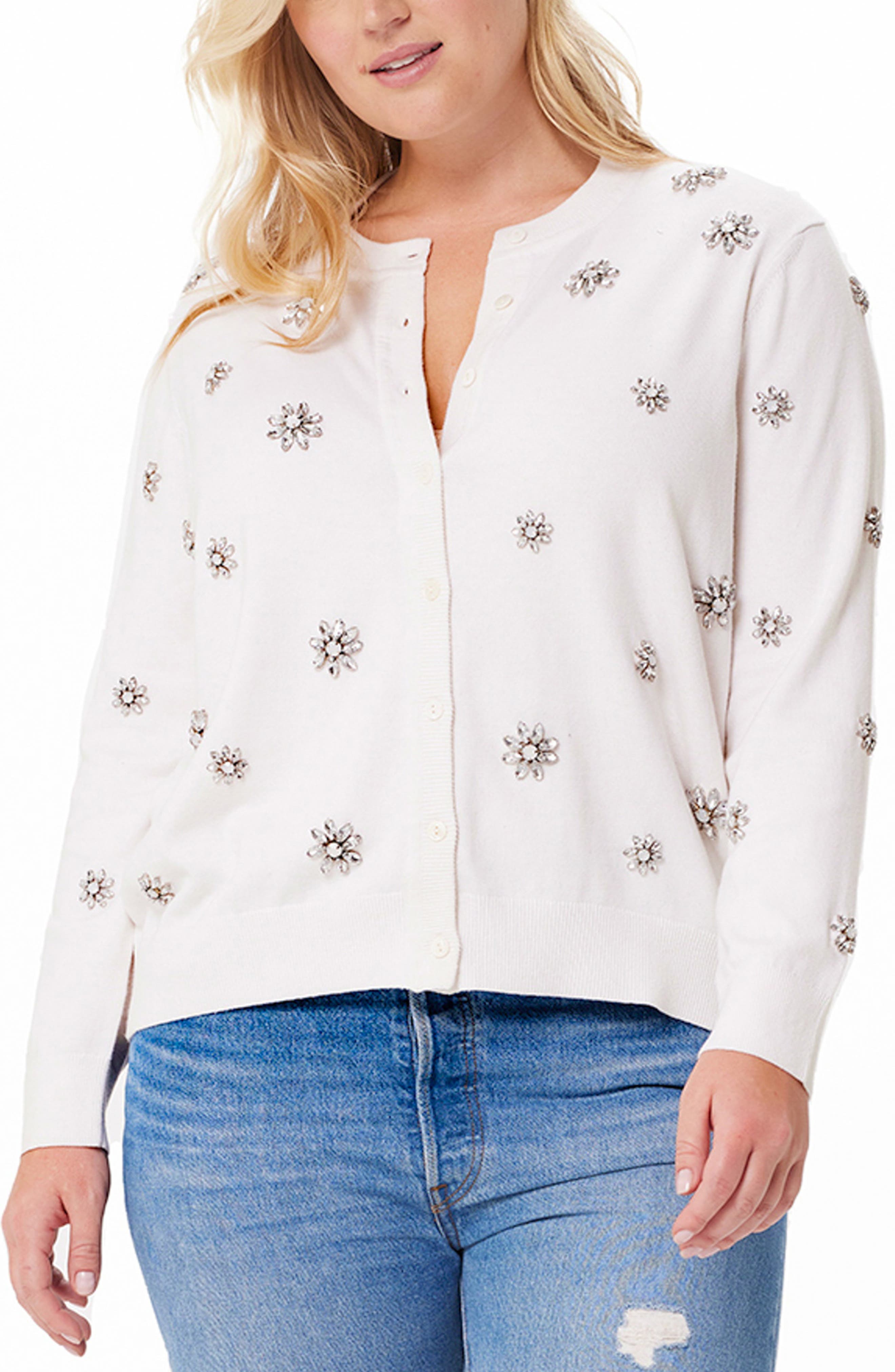 MINNIE ROSE Embellished Flower Cotton & Cashmere Cardigan | Nordstrom