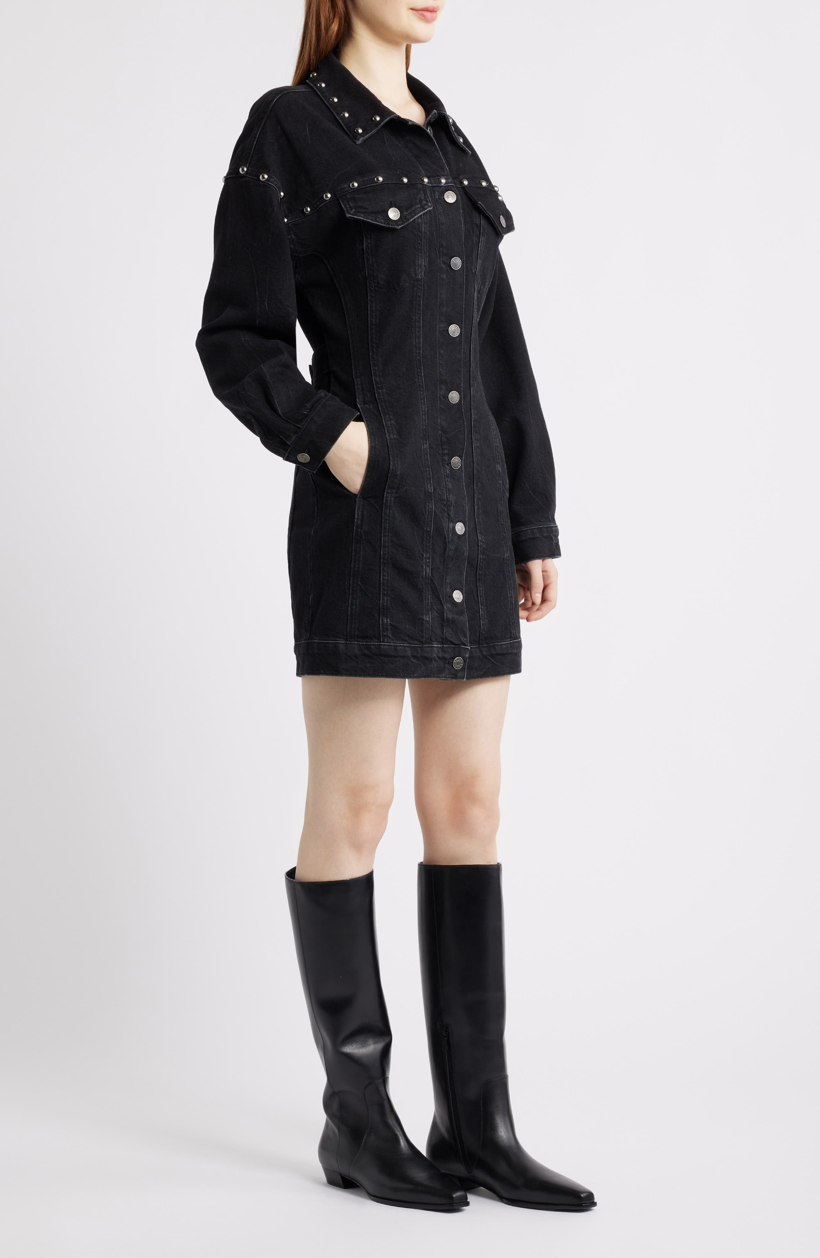 Rails Ladera Studded Long Sleeve Denim Mini Shirtdress | Nordstromrack