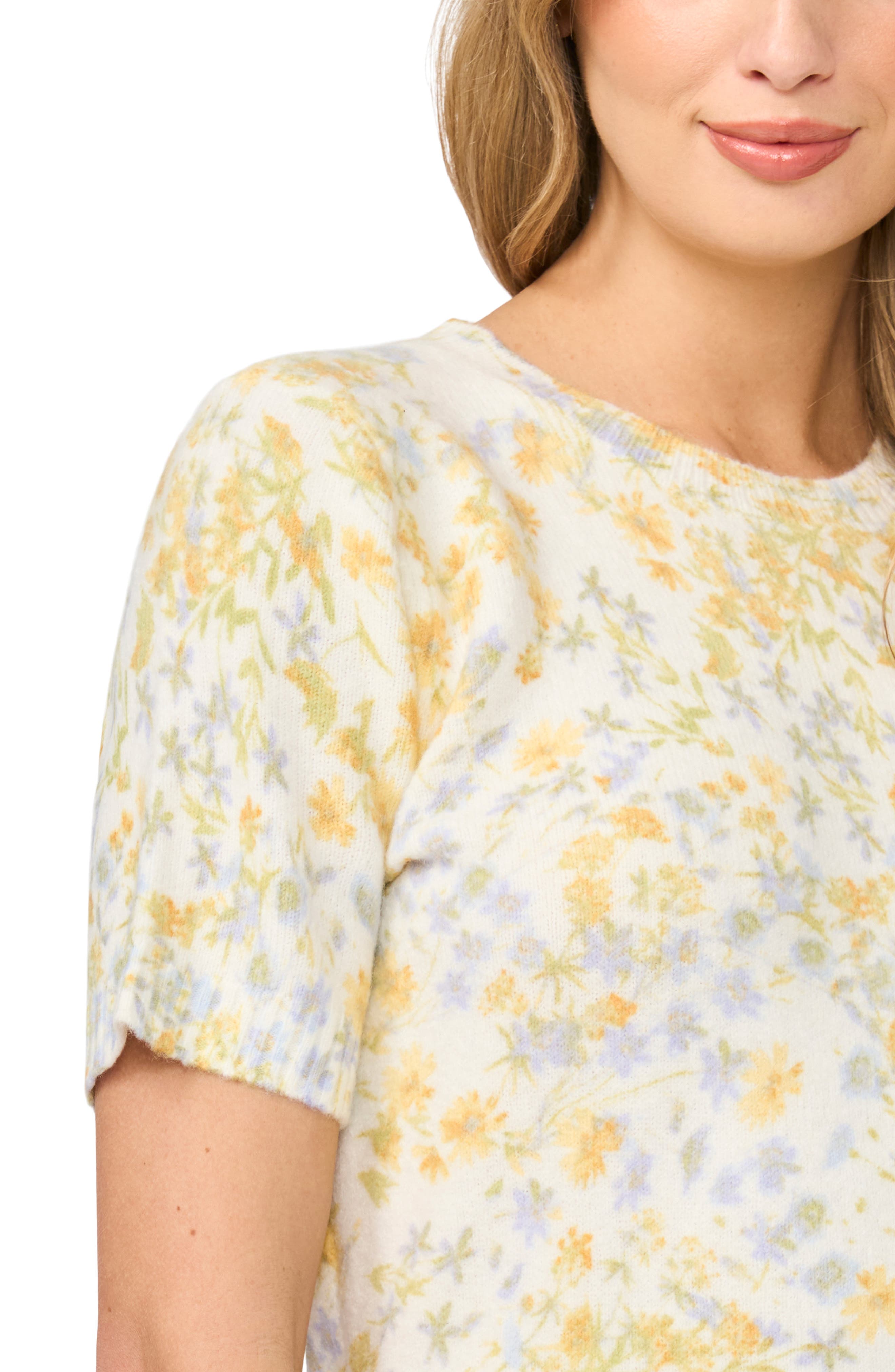 Halogen® Floral Print Short Sleeve Sweater | Nordstrom