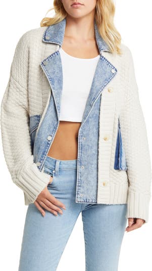 BLANKNYC Mixed Media Denim Trim Cardigan | Nordstrom