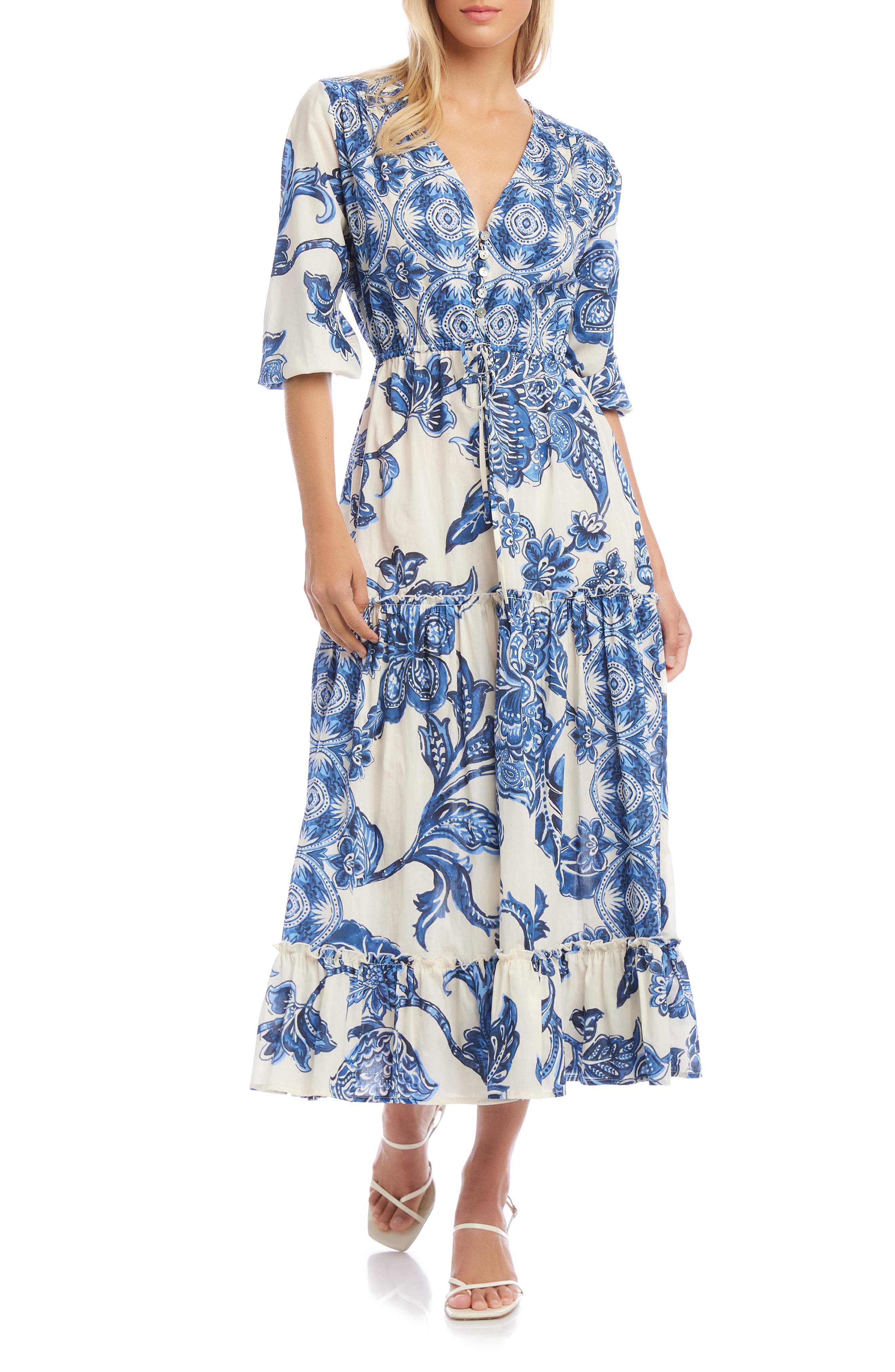 FIFTEEN TWENTY Floral Tiered Bubble Sleeve Button Front Maxi Dress ...