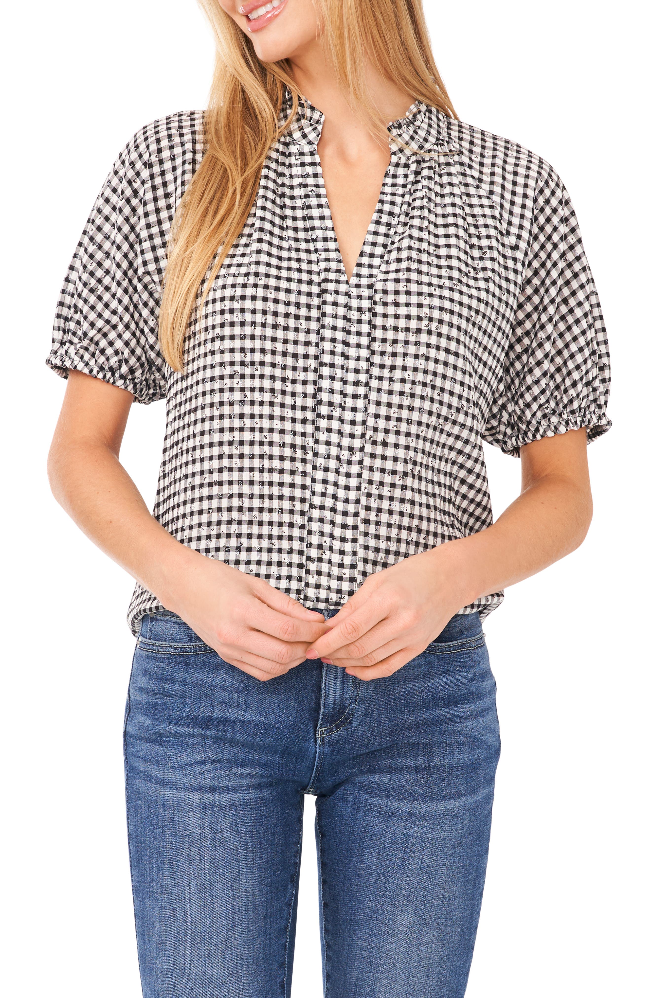 CeCe Floral Embroidery Gingham Top | Nordstromrack
