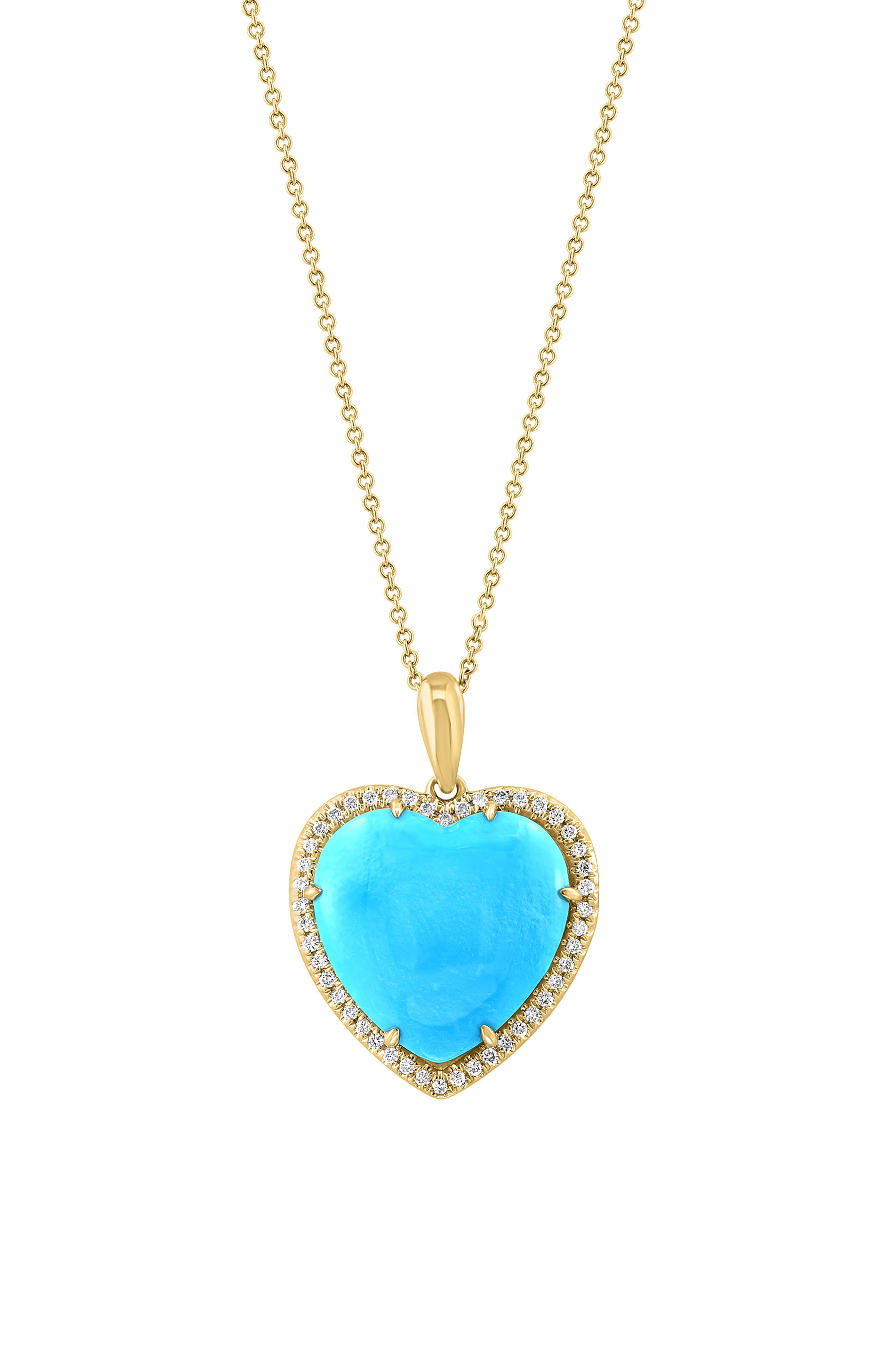EFFY 14K Yellow Gold Diamond Halo Turquoise Heart Pendant Necklace ...