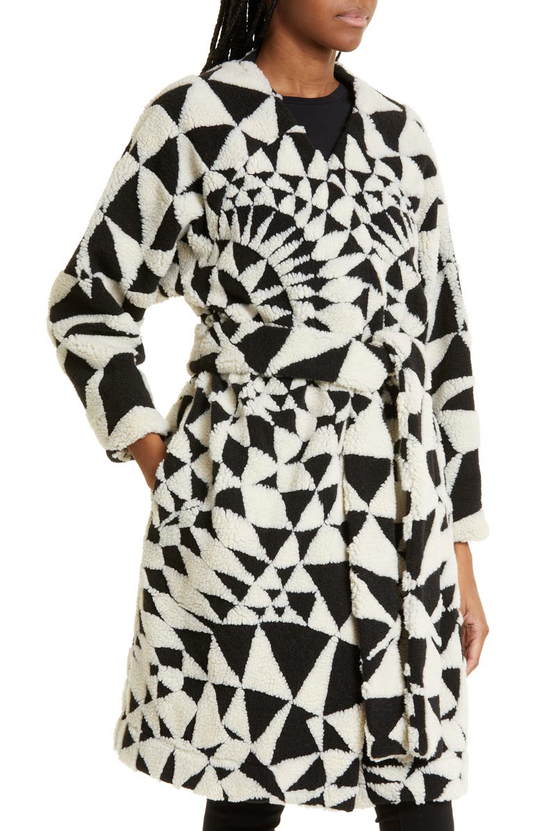 FARM Rio Heart Deco High Pile Fleece Wool Blend Belted Coat | Nordstromrack