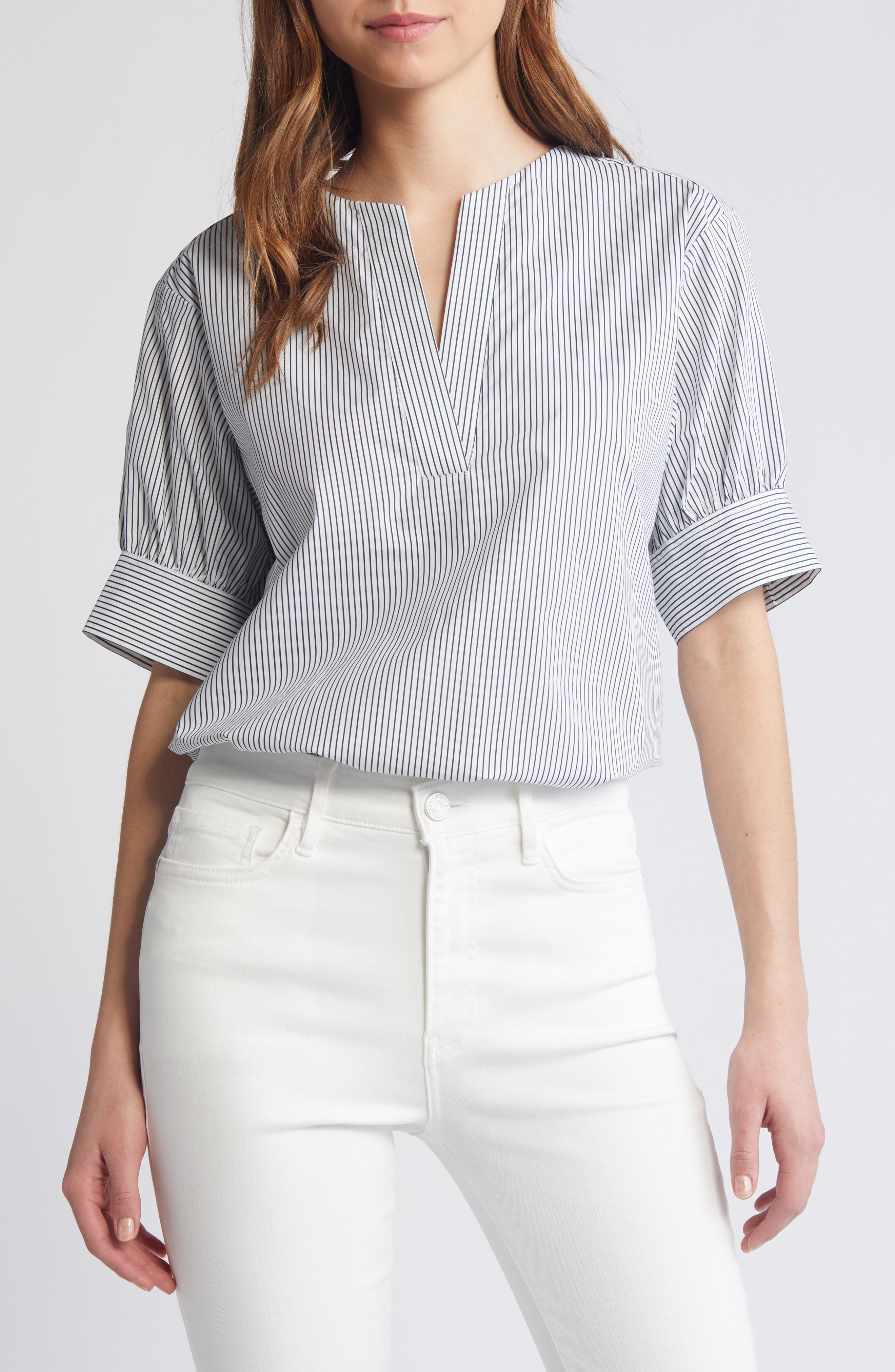 FRAME Stripe Split Neck Organic Cotton Popover Top | Nordstrom