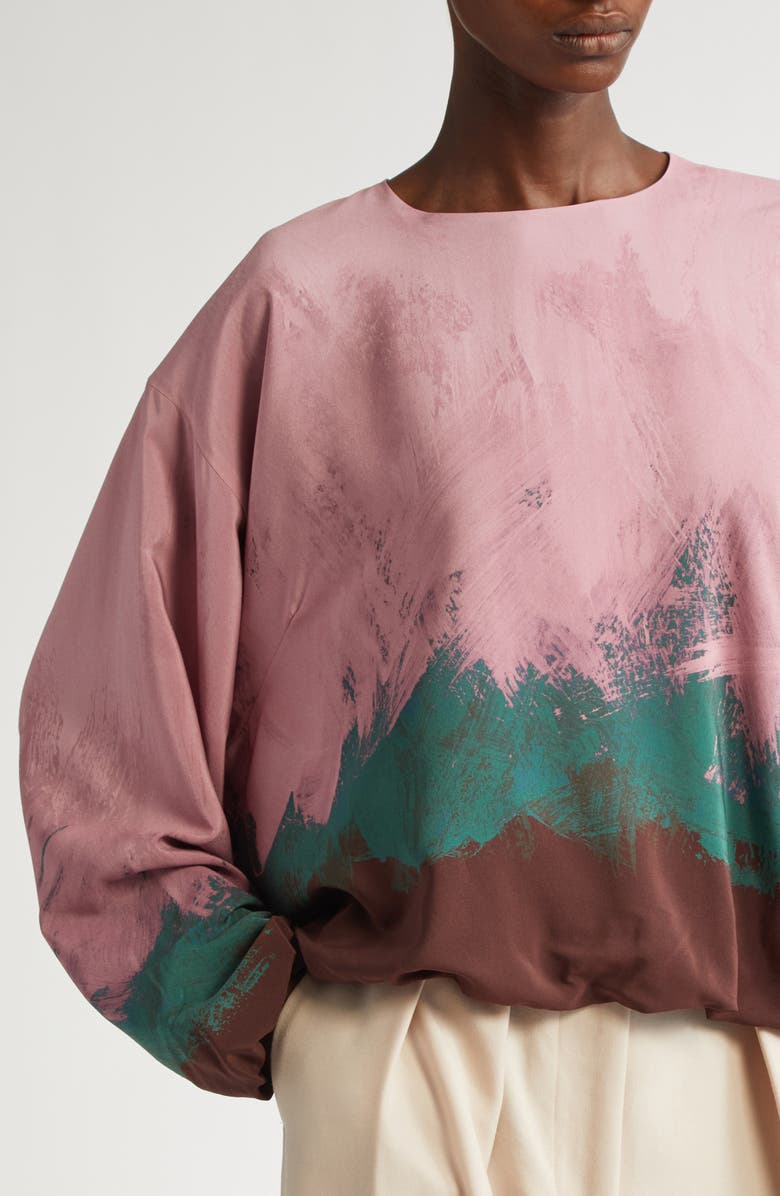 Dries Van Noten Capo Abstract Brushstroke Bubble Hem Stretch Silk Top ...