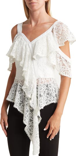 BCBGMAXAZRIA Lace Cold Shoulder Ruffle Top | Nordstromrack
