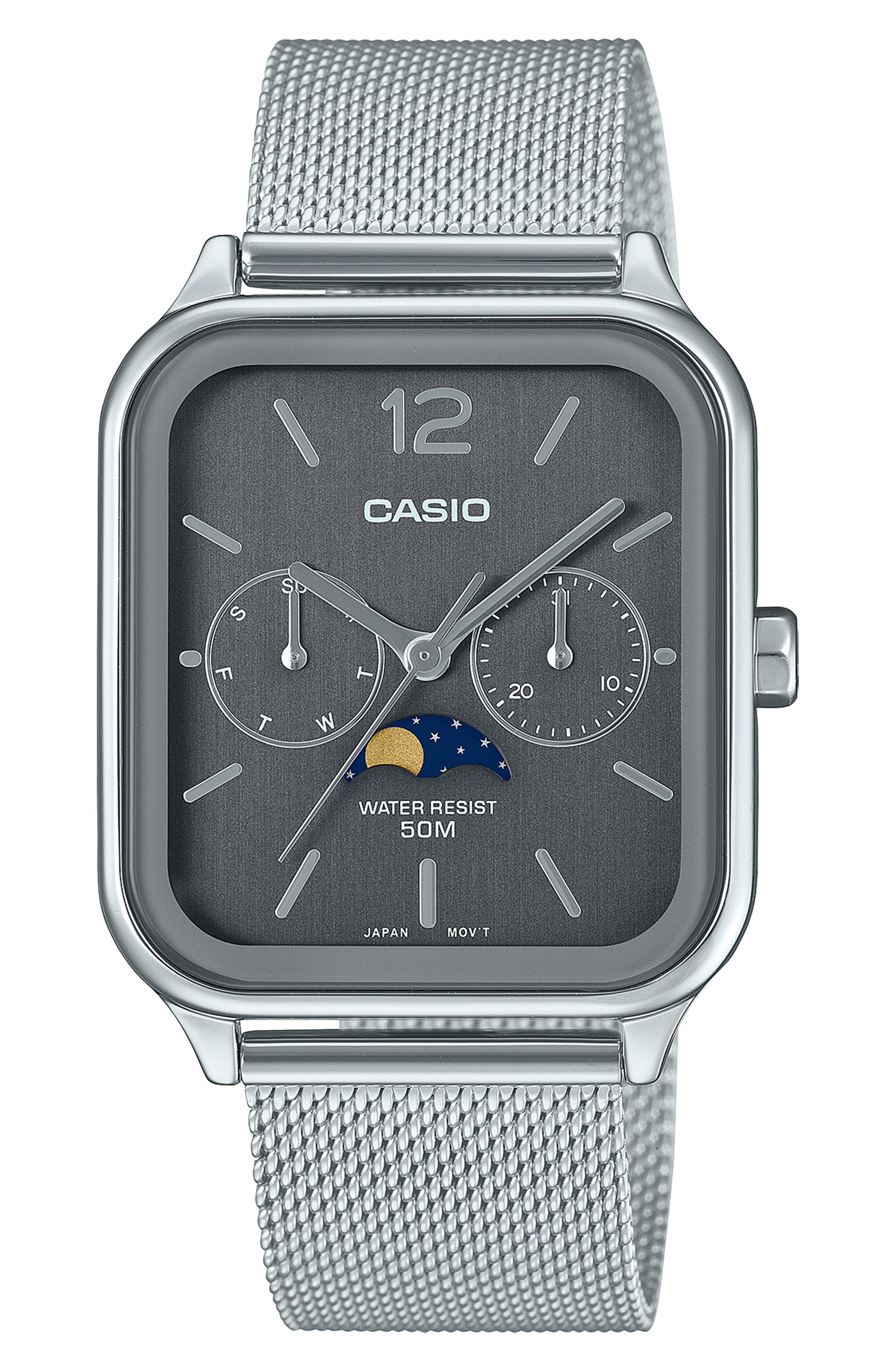 CASIO Moonphase Mesh Strap Watch, 44.5mm x 34mm | Nordstrom