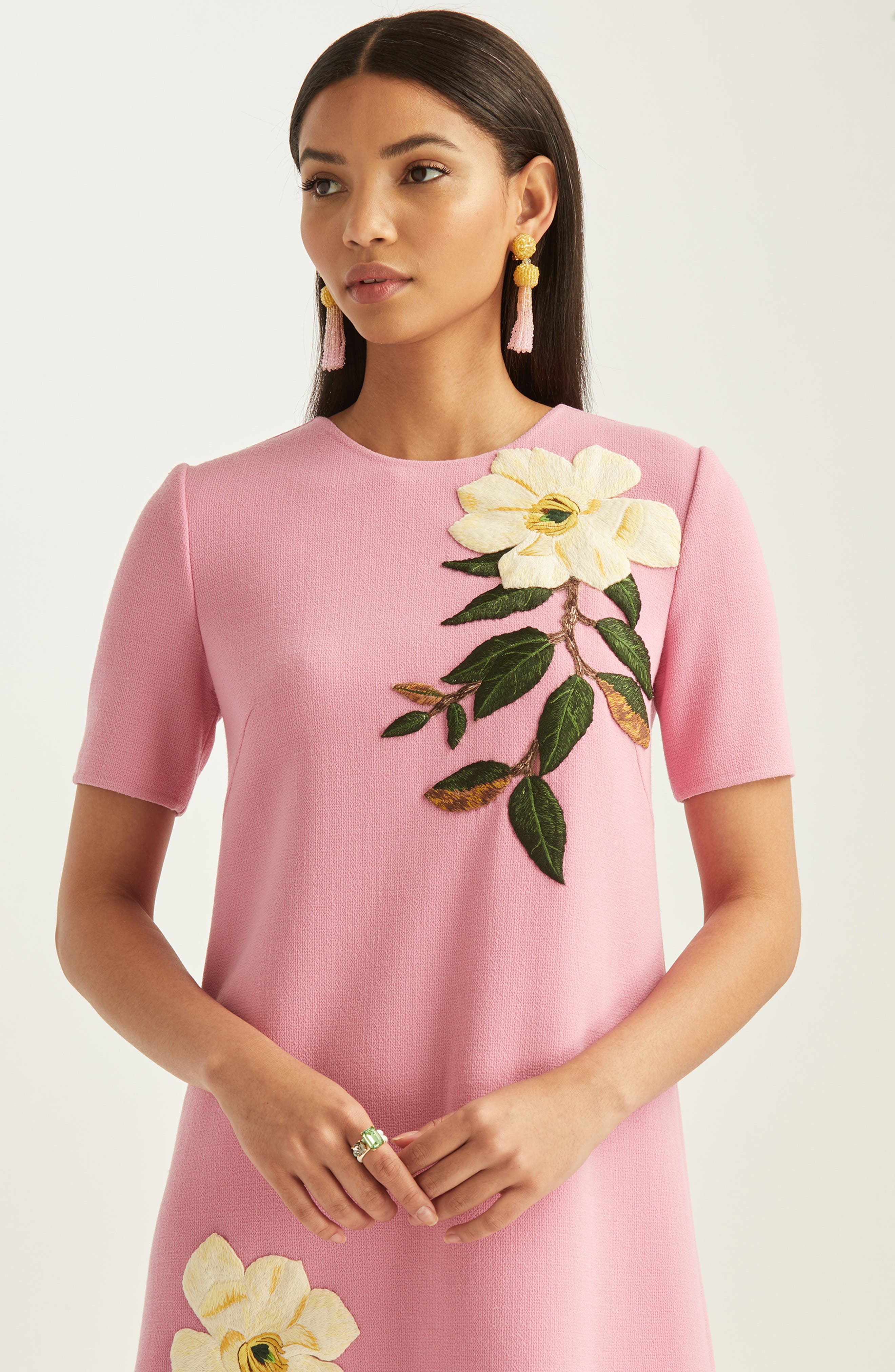 Oscar de la Renta Magnolia Embroidered Stretch Wool Shift Dress | Nordstrom