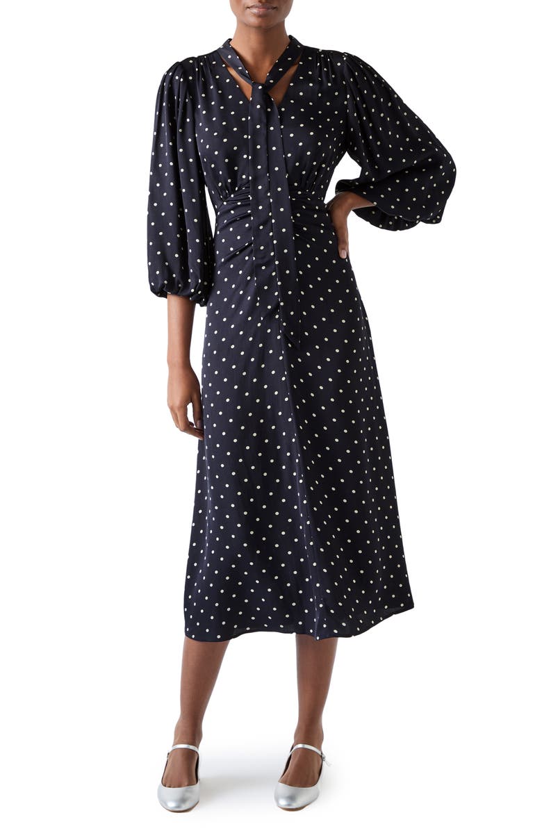 LK Bennett Hester Dot Tie Neck Midi Dress | Nordstromrack
