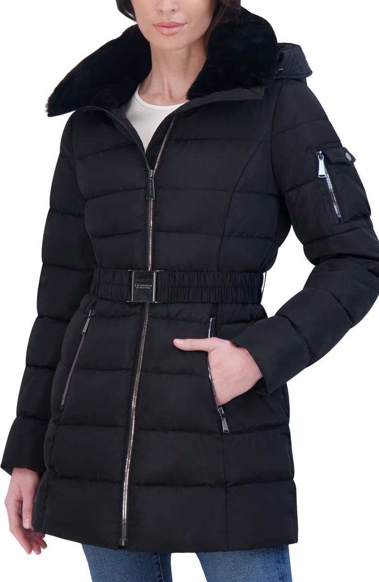 Laundry by Shelli Segal Faux Fur Trim Hooded Belted Puffer Jacket ...