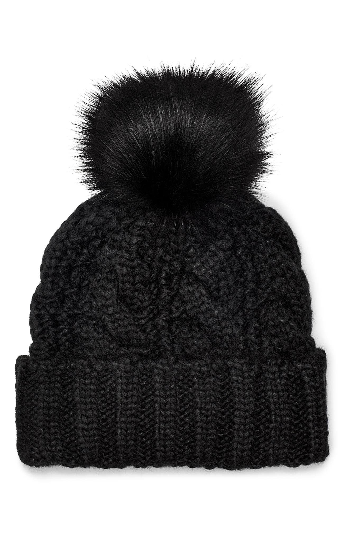 UGG® Cable Knit Beanie with Faux Fur Pom | Nordstromrack