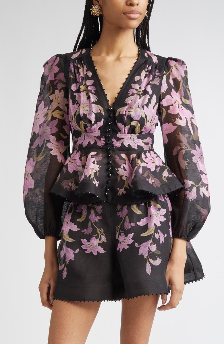 Zimmermann Dawning Beaded Linen & Silk Peplum Top | Nordstromrack