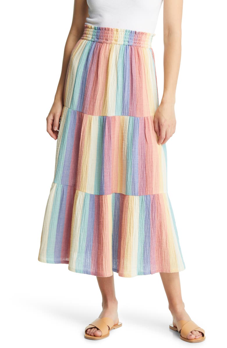 Marine Layer Corrine Rainbow Stripe Tiered Maxi Skirt | Nordstrom