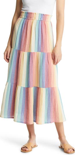 Marine Layer Corrine Rainbow Stripe Tiered Maxi Skirt | Nordstrom