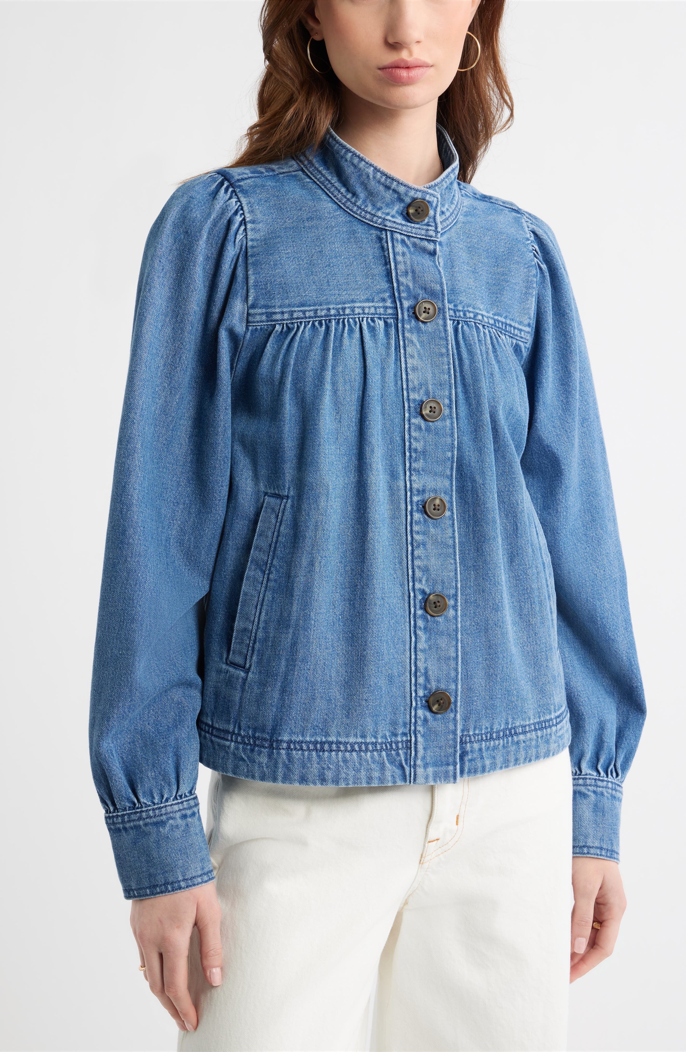 Treasure & Bond Gathered High Neck Denim Jacket | Nordstrom