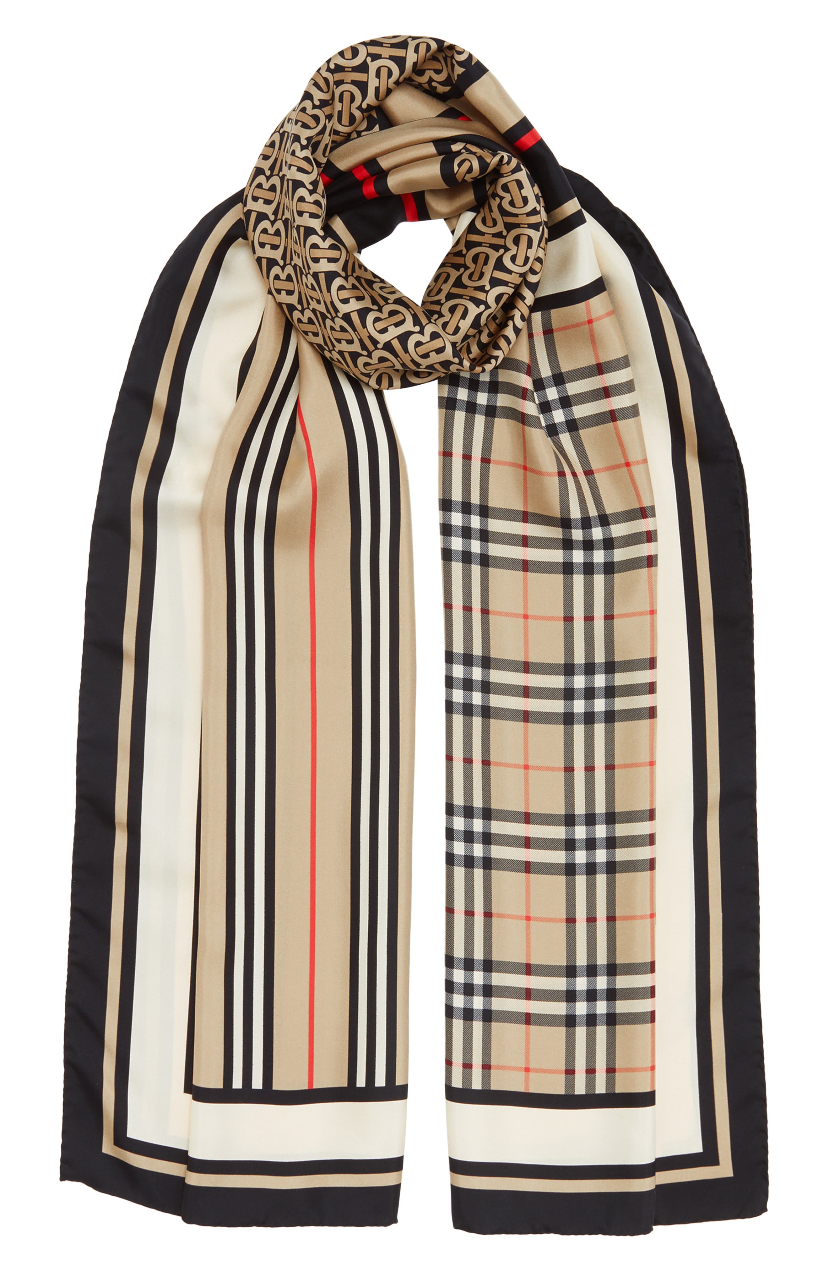 Burberry Monogram, Icon Stripe & Check Print Silk Scarf | Nordstromrack