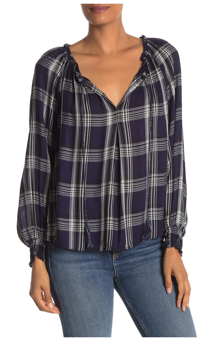MAX STUDIO Plaid Long Sleeve Tassel Blouse | Nordstromrack