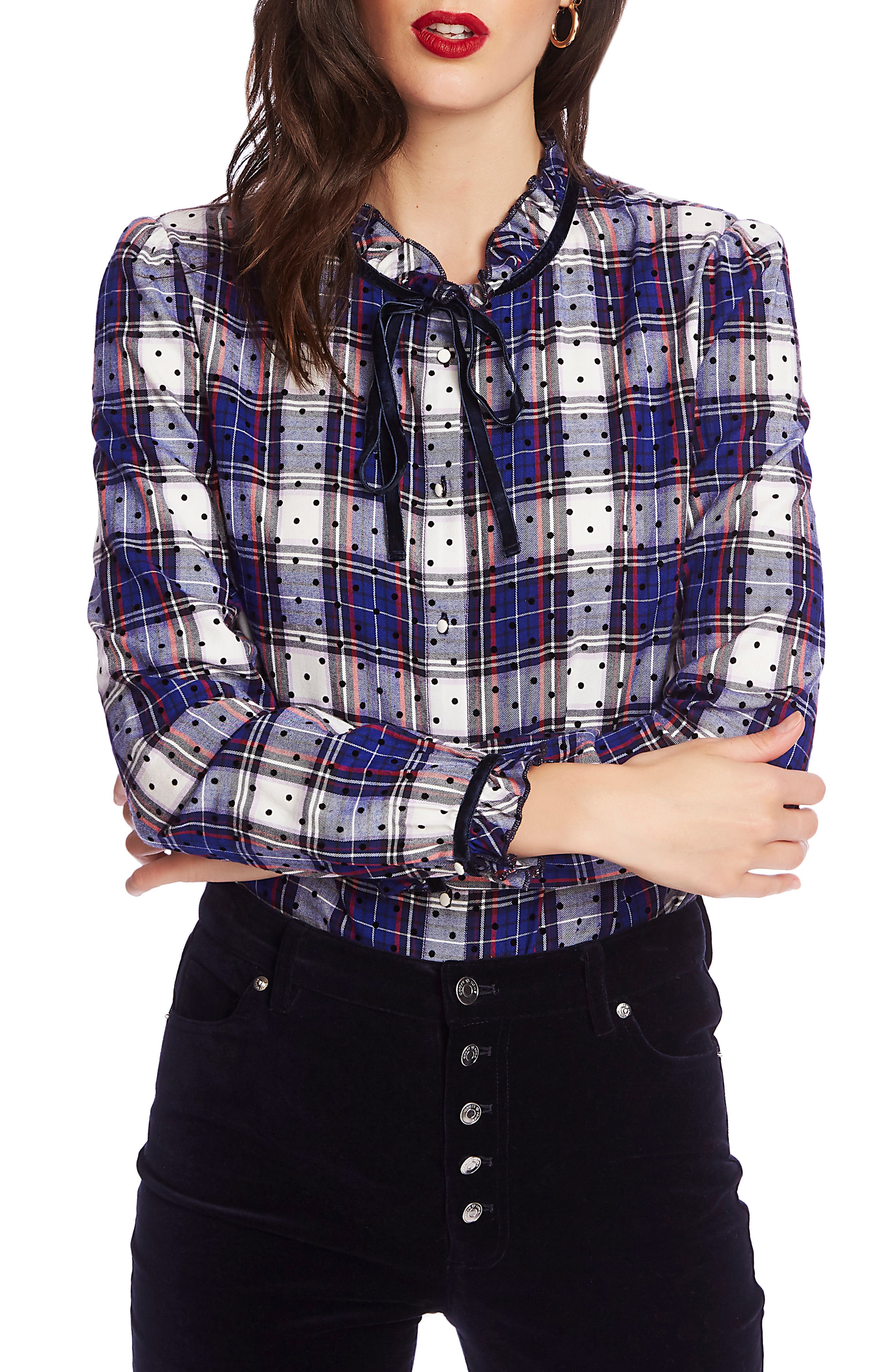 Court & Rowe Tie Ruffle Collar Flocked Dot Plaid Shirt | Nordstromrack