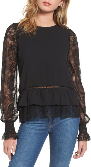 MOON RIVER Ruffle Hem Lace Sleeve Top | Nordstrom