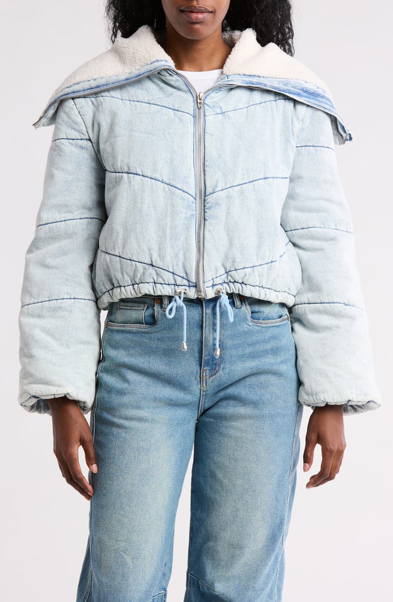 BLANKNYC All Ears Denim Puffer Jacket with Faux-Shearling Trim ...
