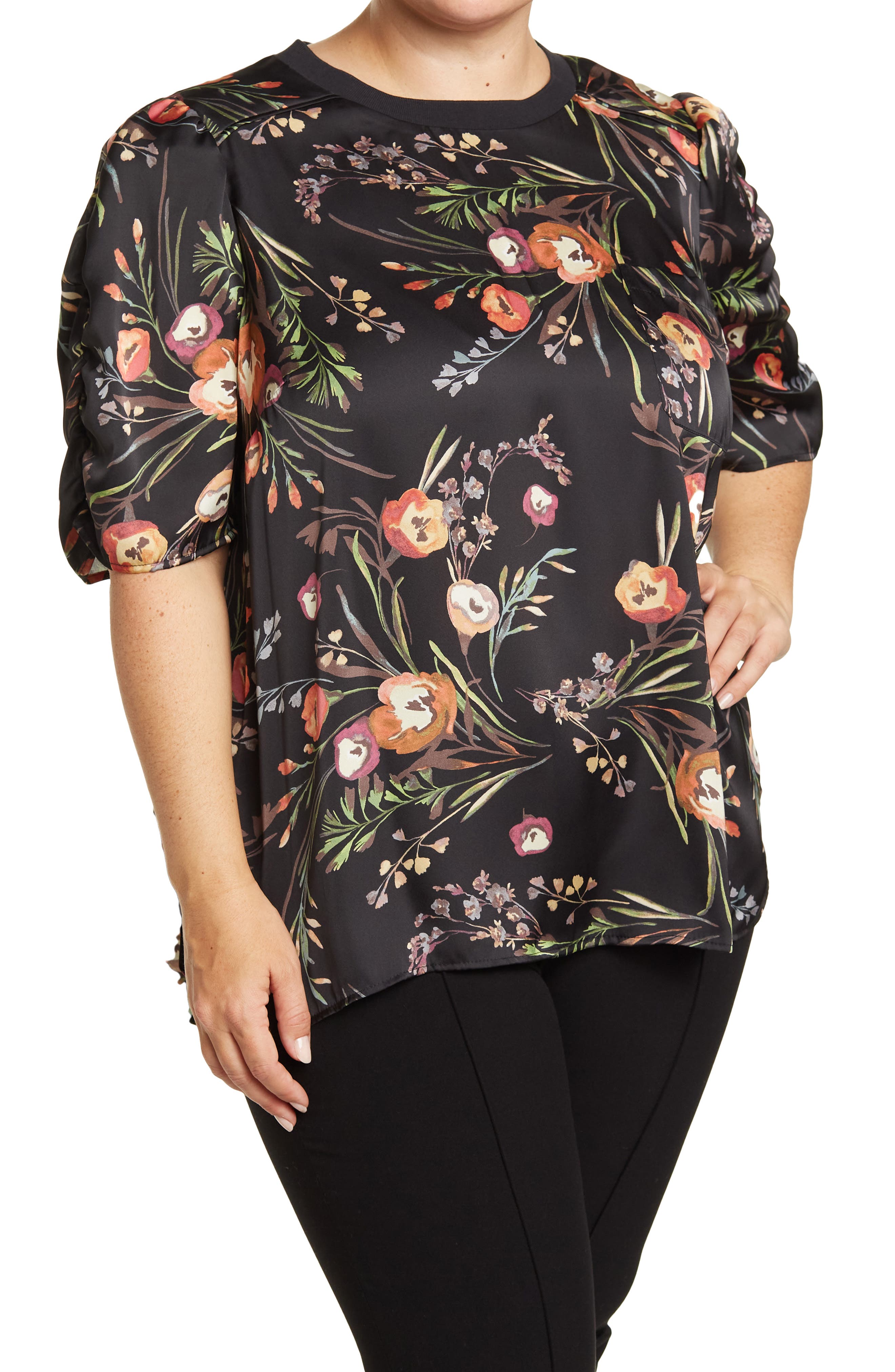 DR2 by Daniel Rainn Daniel Rainn Satin Ruched Sleeve Pocket T-Shirt ...