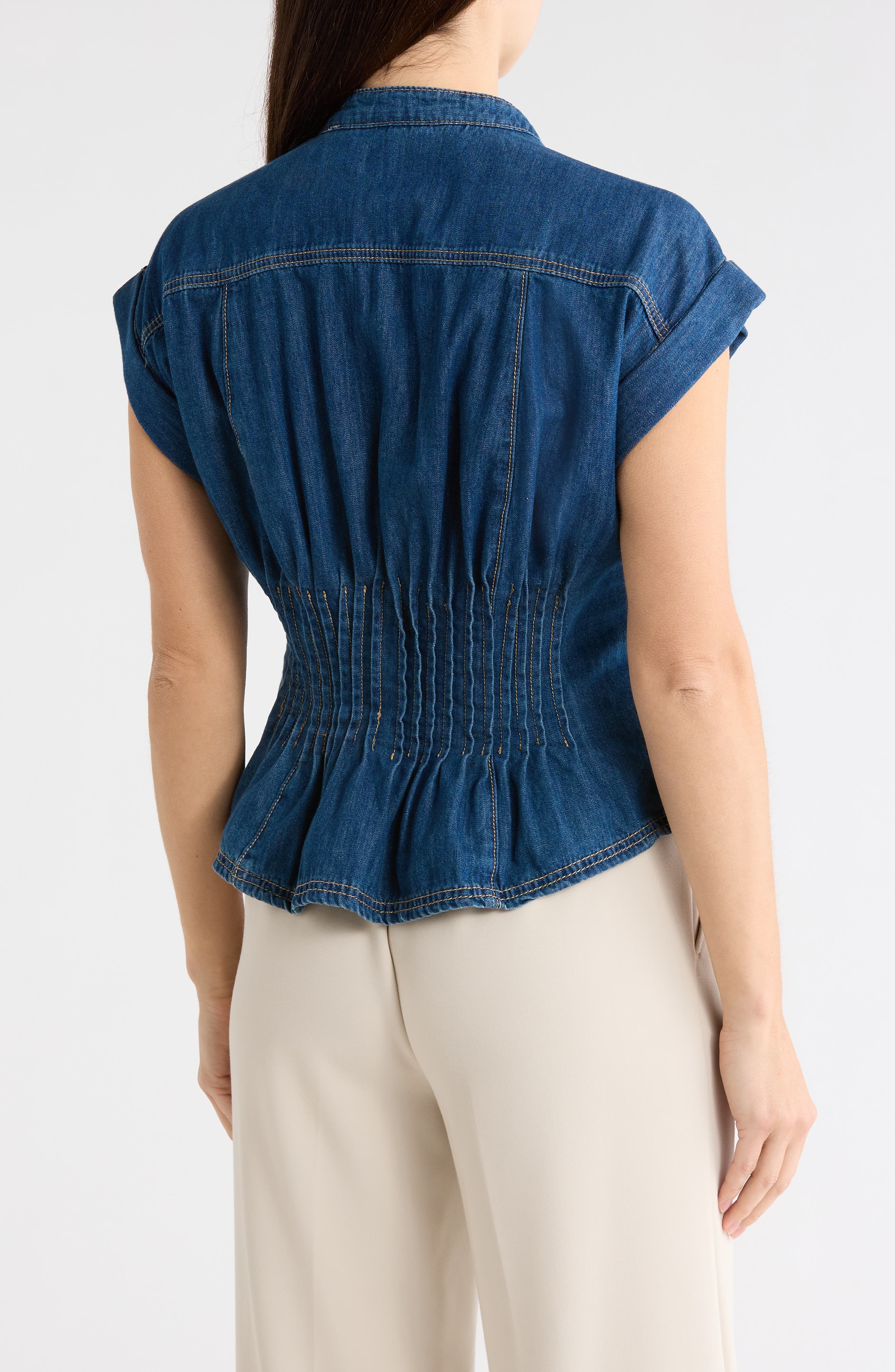 Pintucked Short Sleeve Denim Button-Up Shirt (Women) | Nordstromrack