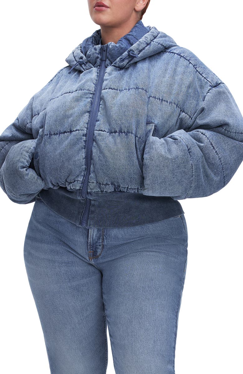 Good American Rib Hem Crop Denim Puffer Jacket | Nordstromrack