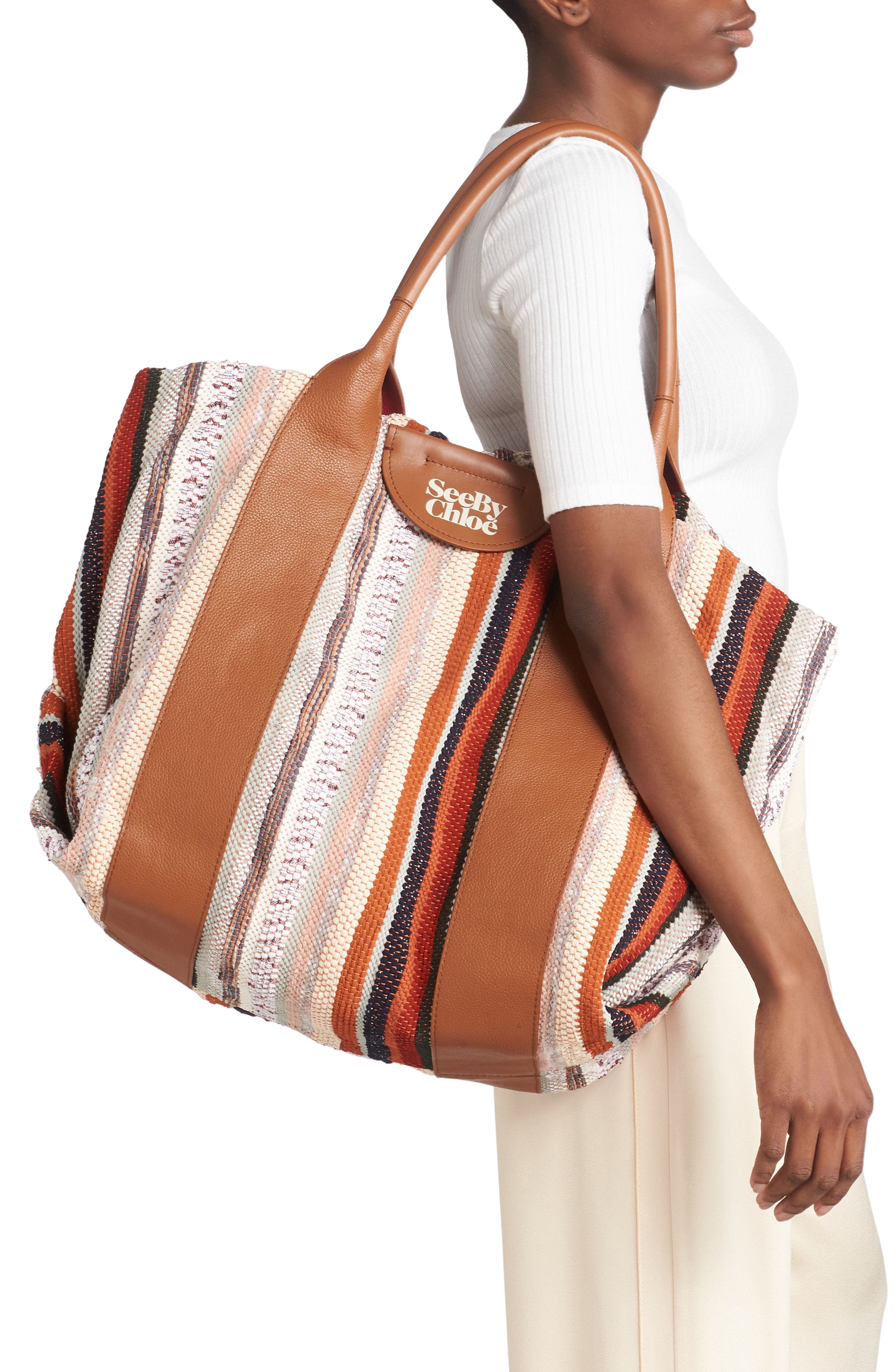 See by Chloé Laetizia Stripe Cotton & Leather Tote | Nordstromrack