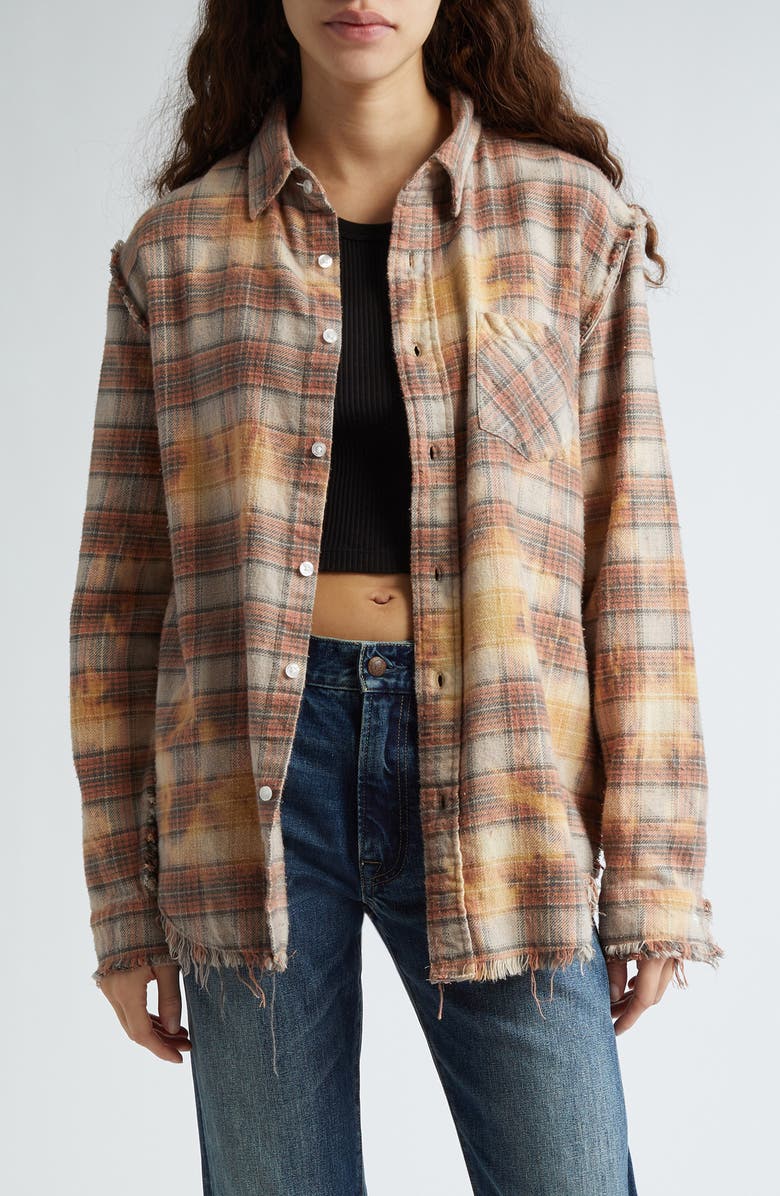 R13 Shredded Seam Oversize Bleached Plaid Cotton Flannel Button-Up ...
