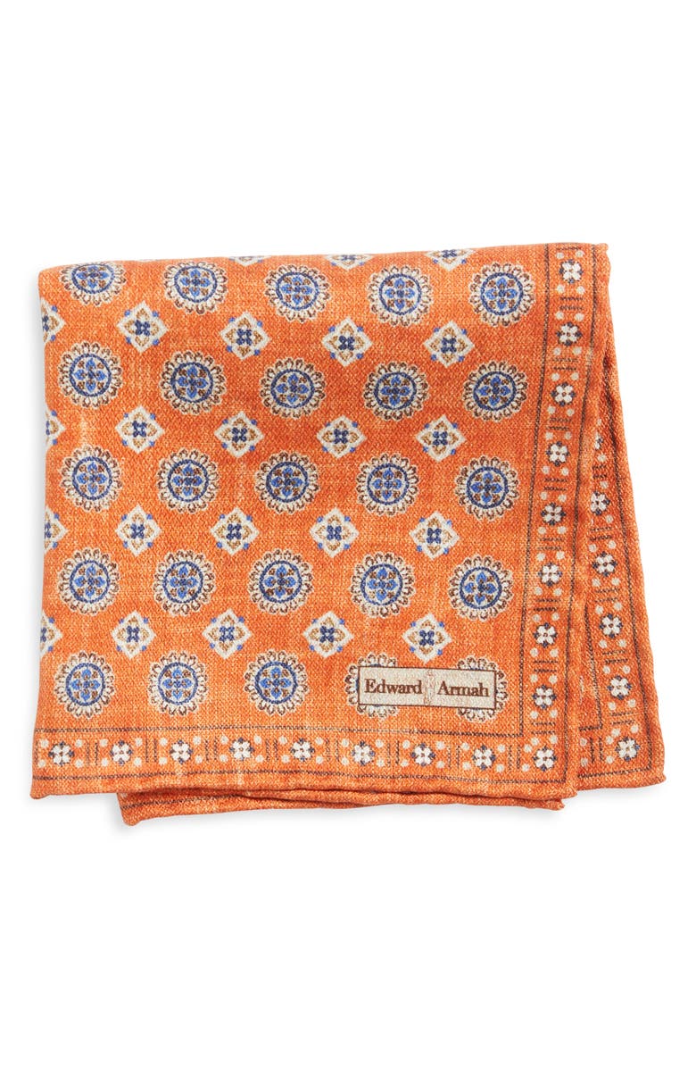 EDWARD ARMAH Orange Medallion Print Reversible Silk Pocket Square ...