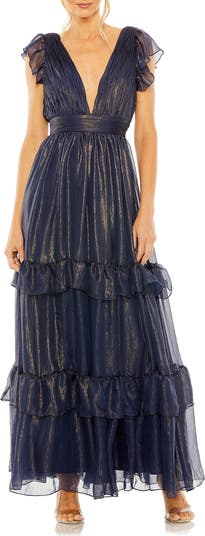 Ieena for Mac Duggal Metallic Tiered Flutter Sleeve Gown | Nordstrom