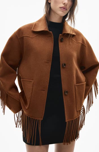 MANGO Fringed Wool Blend Coat | Nordstrom