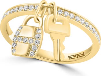 EFFY 14K Yellow Gold Diamond Lock & Key Charm Ring - 0.20ct ...