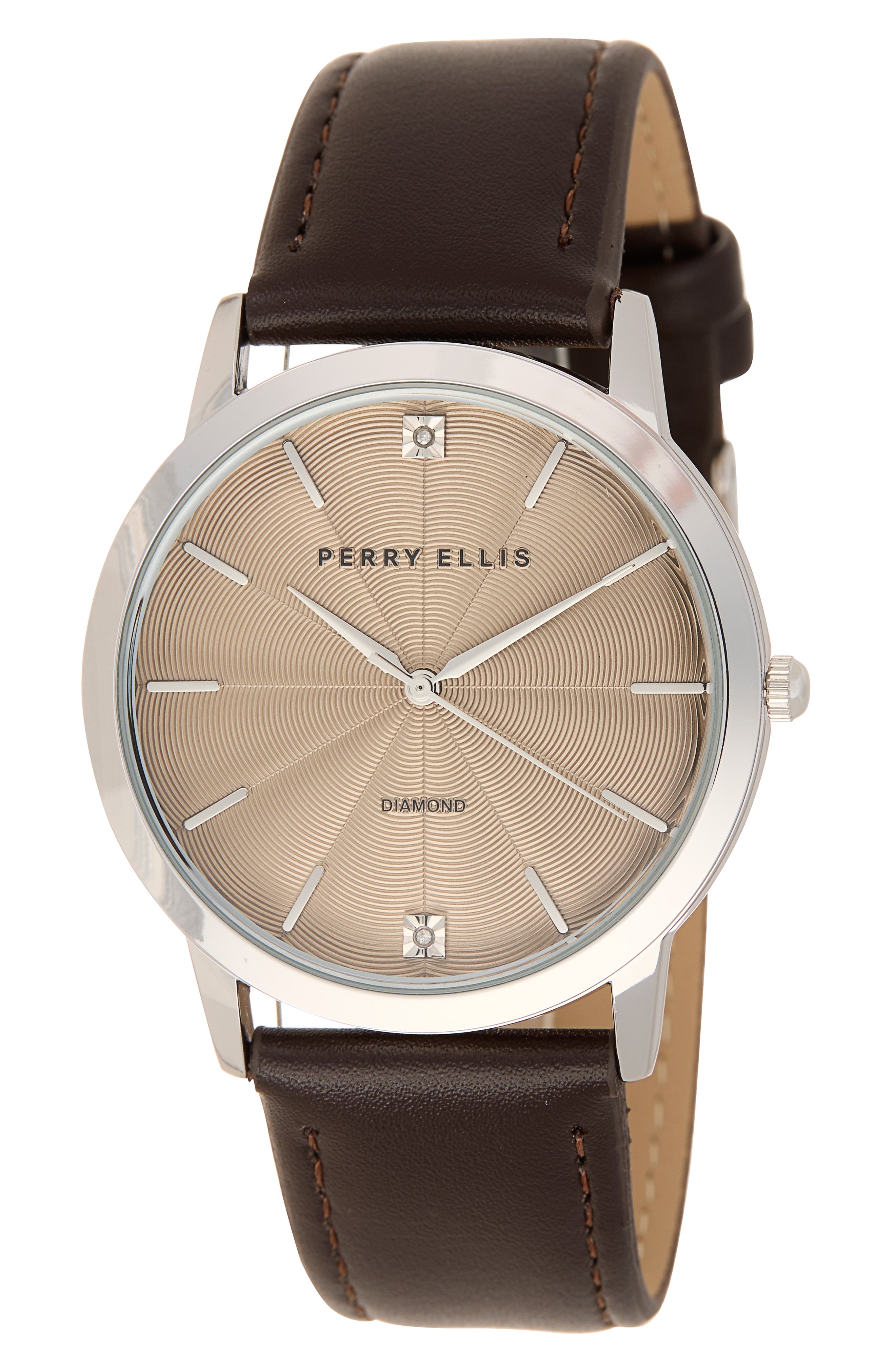 Perry Ellis Solar 3-Hand Quartz Diamond Solitaire Faux Leather Strap ...