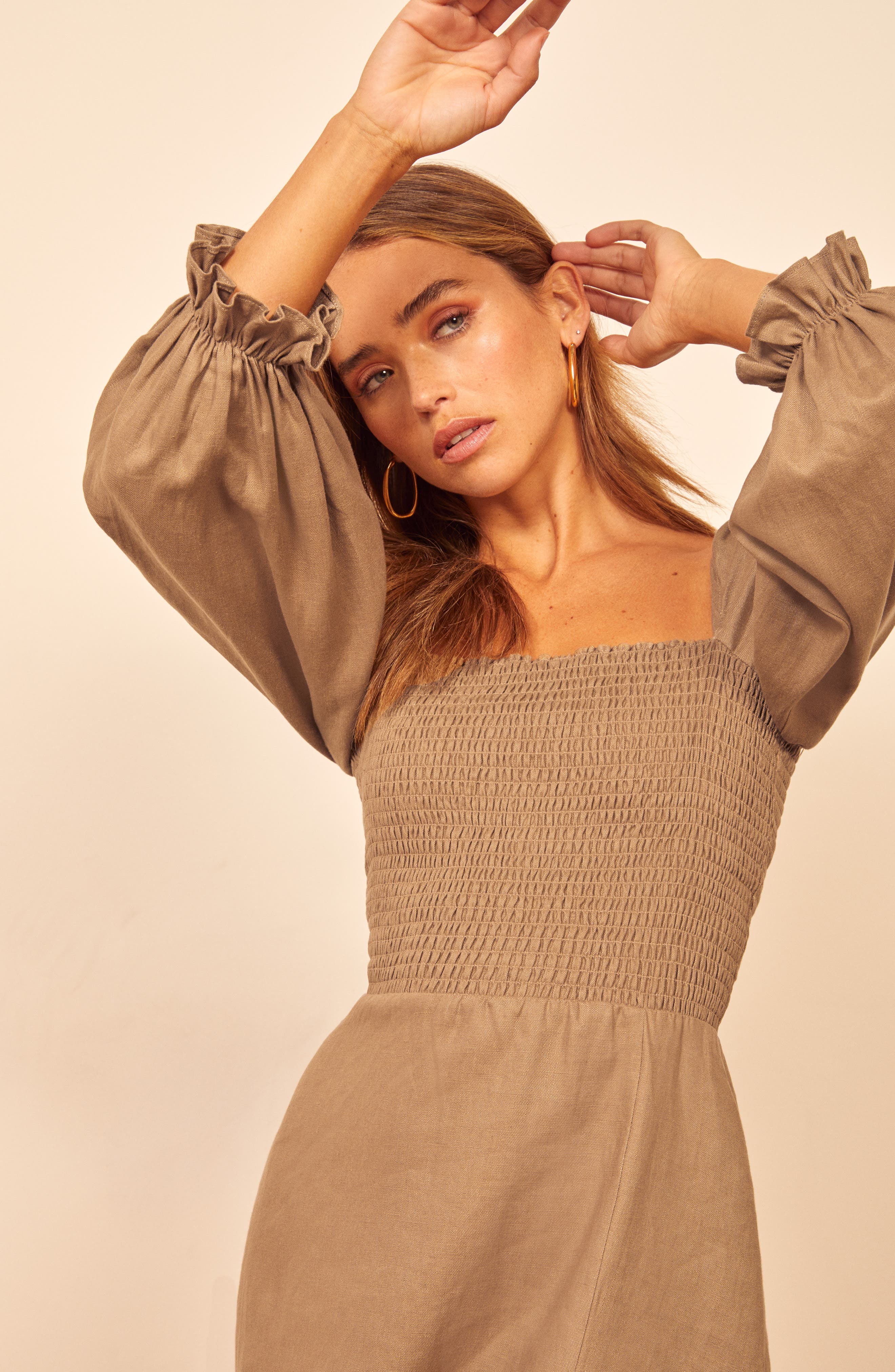 Reformation Gitane Long Sleeve Smocked Linen Midi Dress | Nordstrom