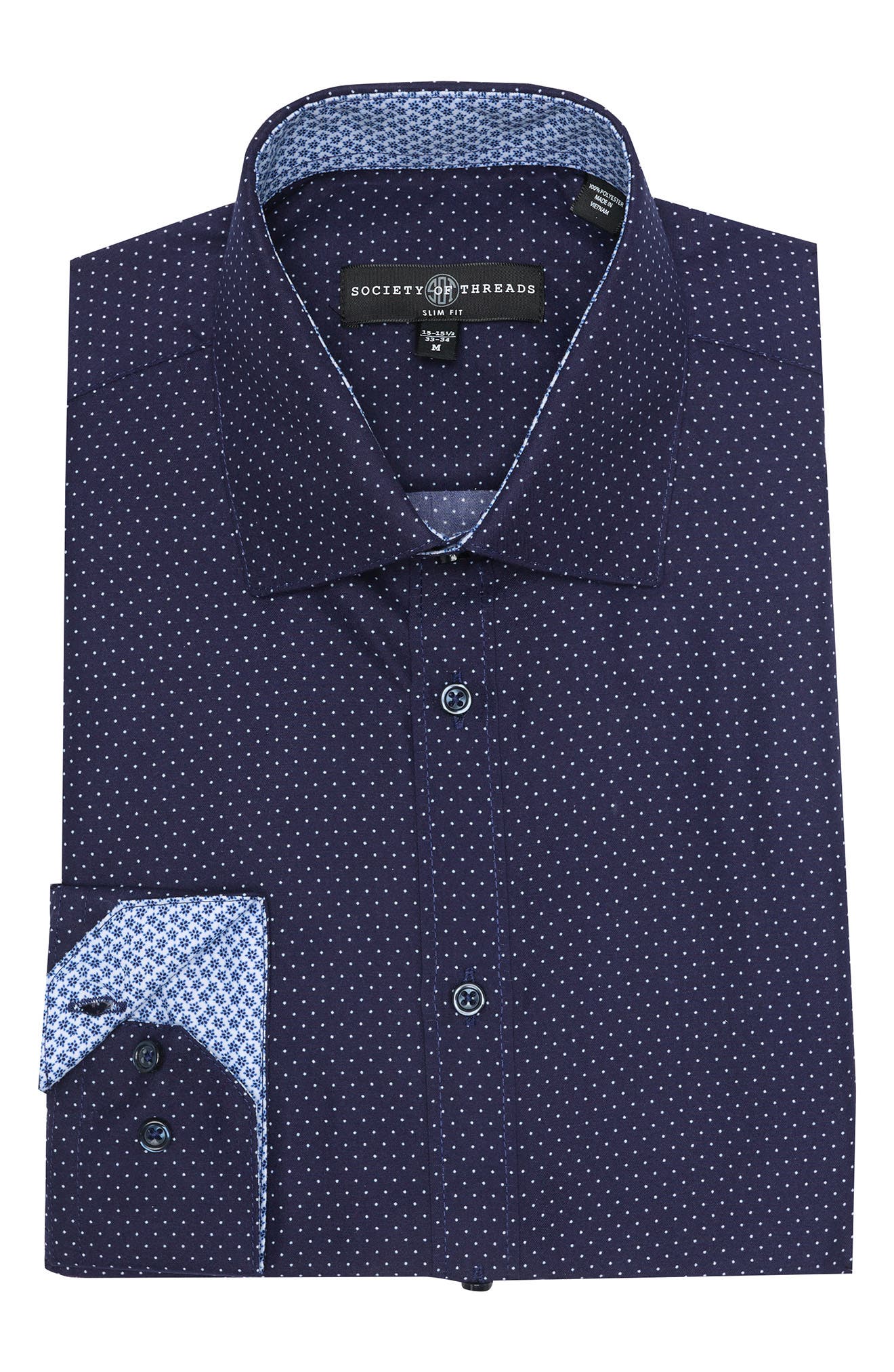 SOCIETY OF THREADS Navy Pin Dot Floral Contrast Button Front Shirt ...