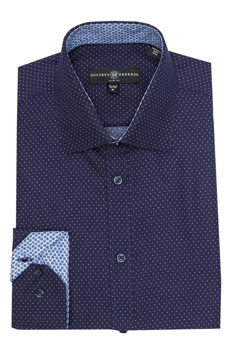 SOCIETY OF THREADS Navy Pin Dot Floral Contrast Button Front Shirt ...