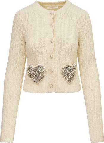 LoveShackFancy Leocadia Rhinestone Heart Wool Blend Cardigan LoveShackFancy Leocadia Rhinestone Heart Wool Blend Cardigan