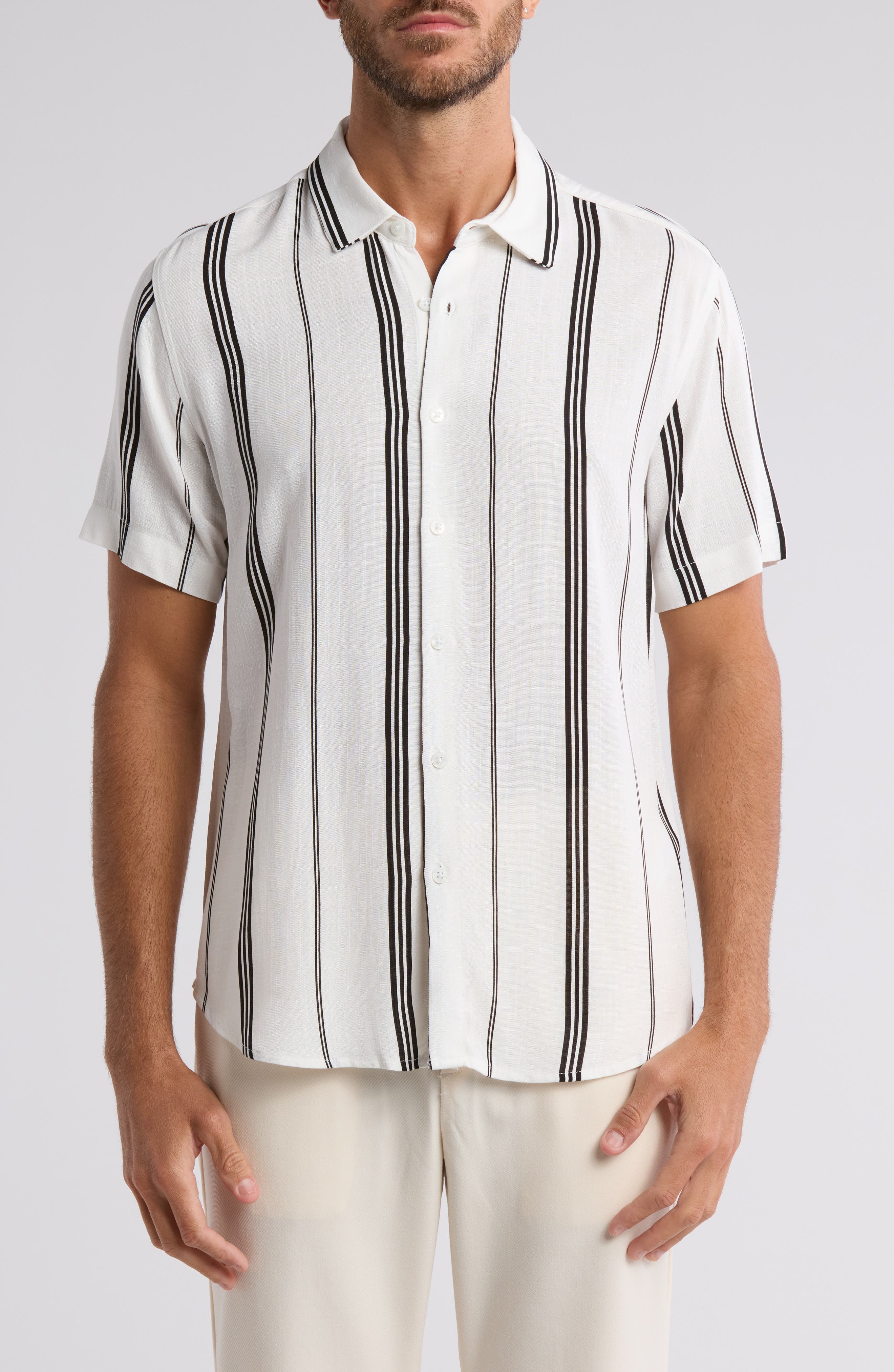 DENIM AND FLOWER Black Stripe Short Sleeve Button-Up Shirt | Nordstromrack
