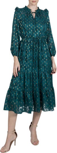Julia Jordan Metallic Fleck Floral Jacquard Long Sleeve Midi Dress ...