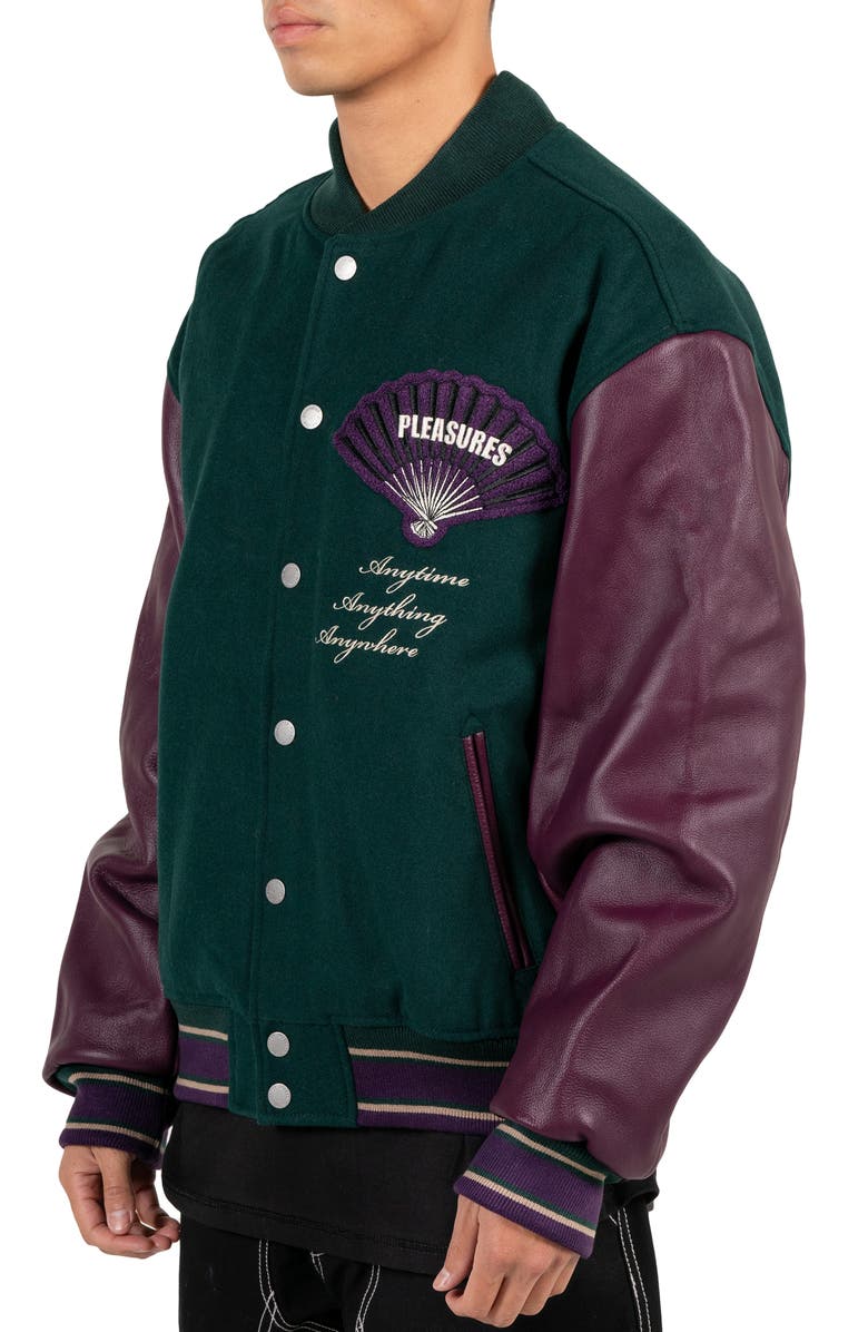 PLEASURES Fan Wool Blend & Leather Varsity Jacket | Nordstromrack