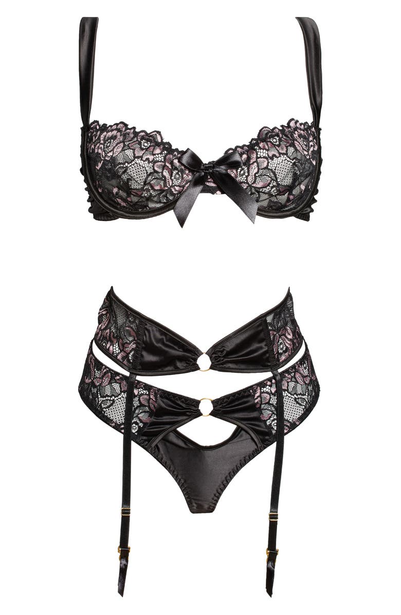 Oh La La Cheri Philipa Lace & Satin Bra, Garter Belt & Thong Set ...