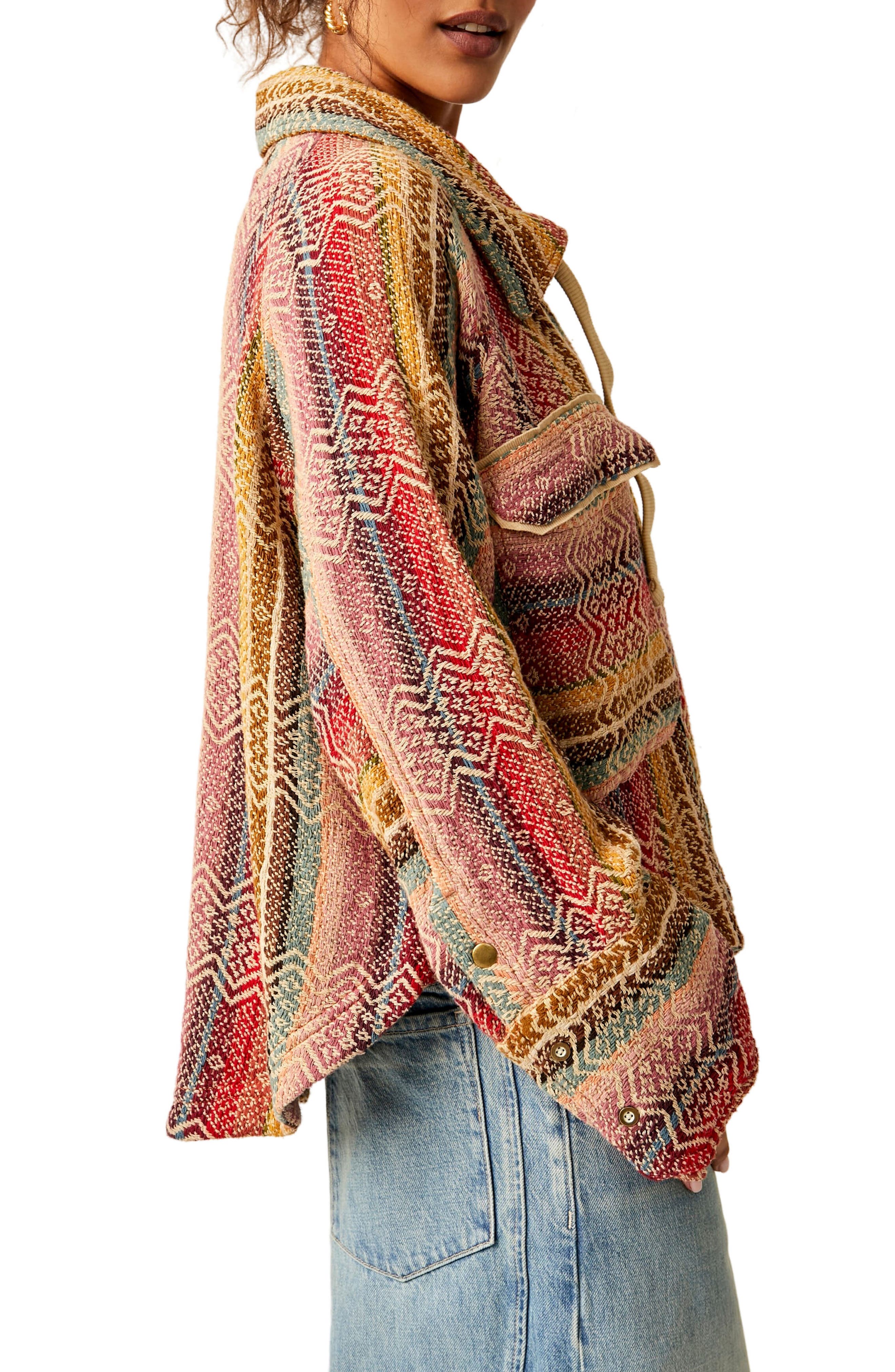 Free People Rainbow Rays Cotton Snap-Up Drawstring Cotton Overshirt ...