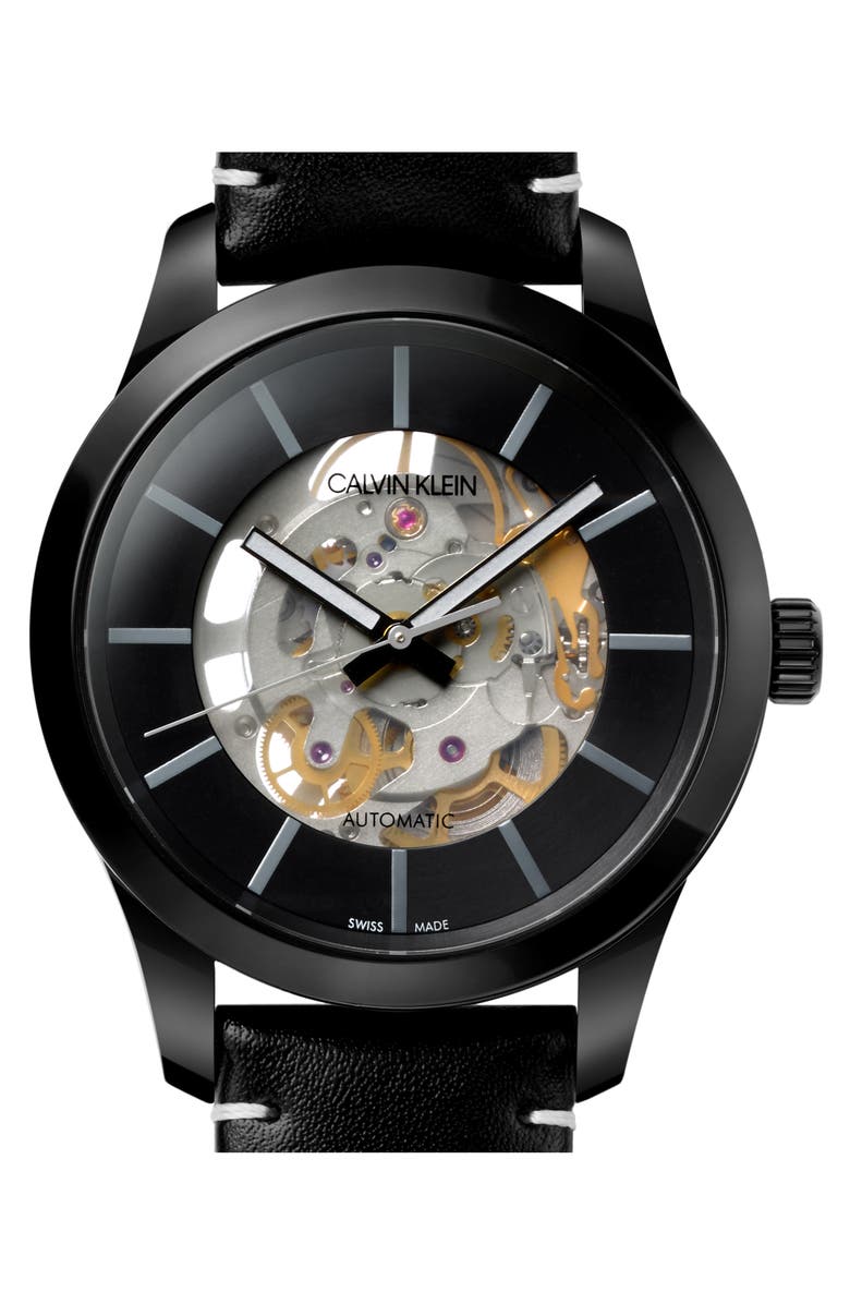 Calvin Klein Swing Skeleton Automatic Leather Strap Watch, 41mm | Nordstrom