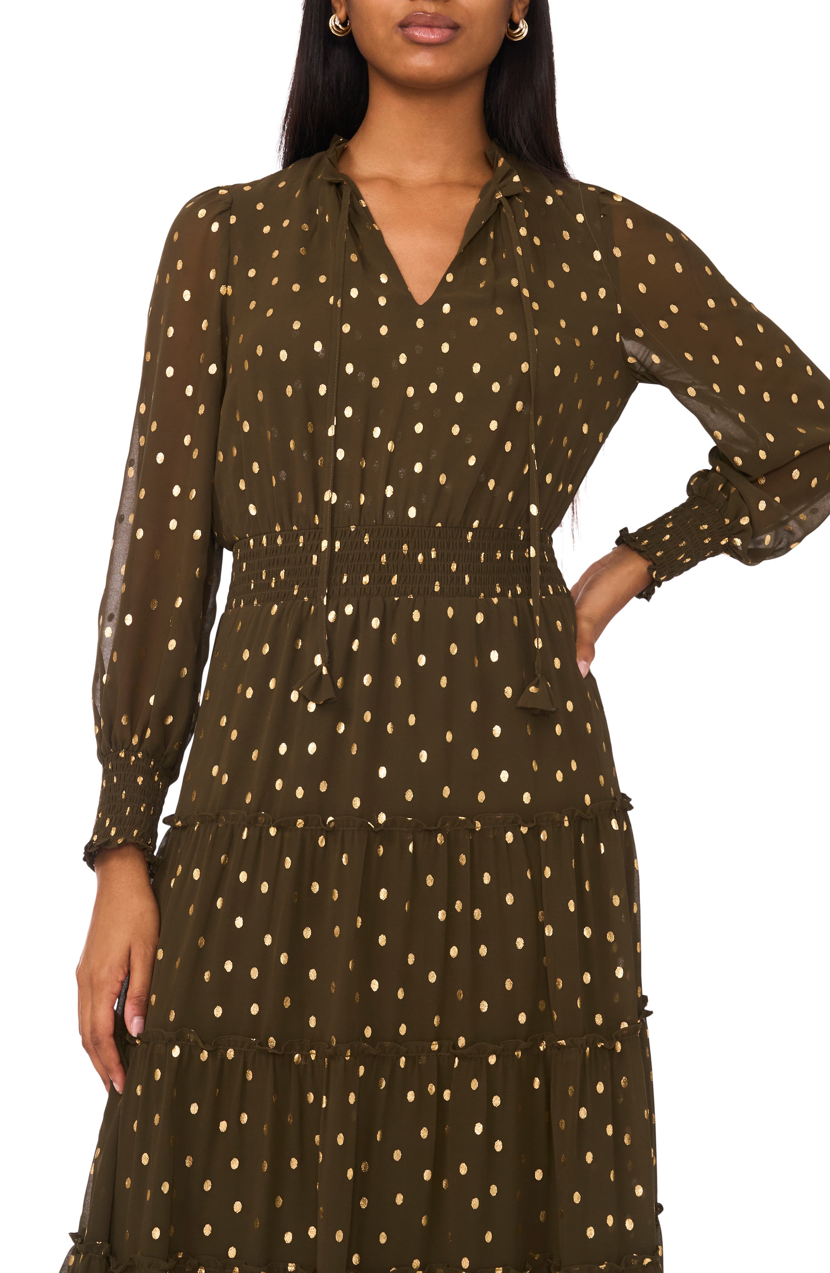 Halogen® Tie Neck Long Sleeve Tiered Maxi Dress | Nordstromrack
