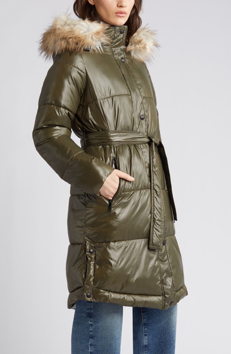Sam Edelman Belted Puffer Coat with Faux Fur Trim Hood | Nordstromrack