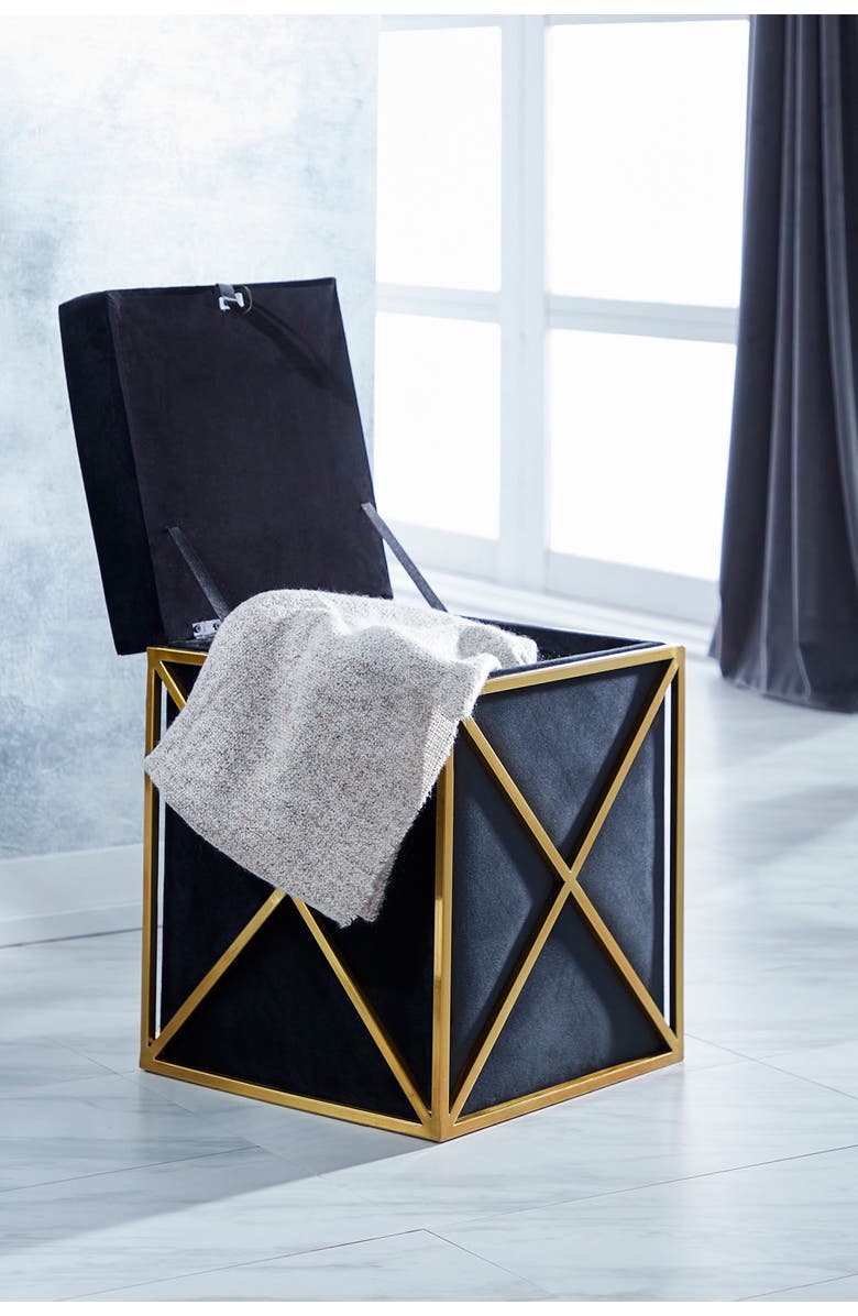 WILLOW ROW Gold Metal & Black Velvet Cube Storage Stool | Nordstromrack