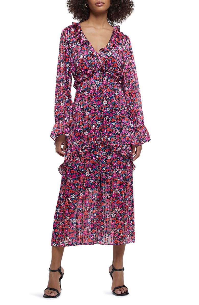 River Island Millie Floral Frill Neck Long Sleeve Midi Dress ...