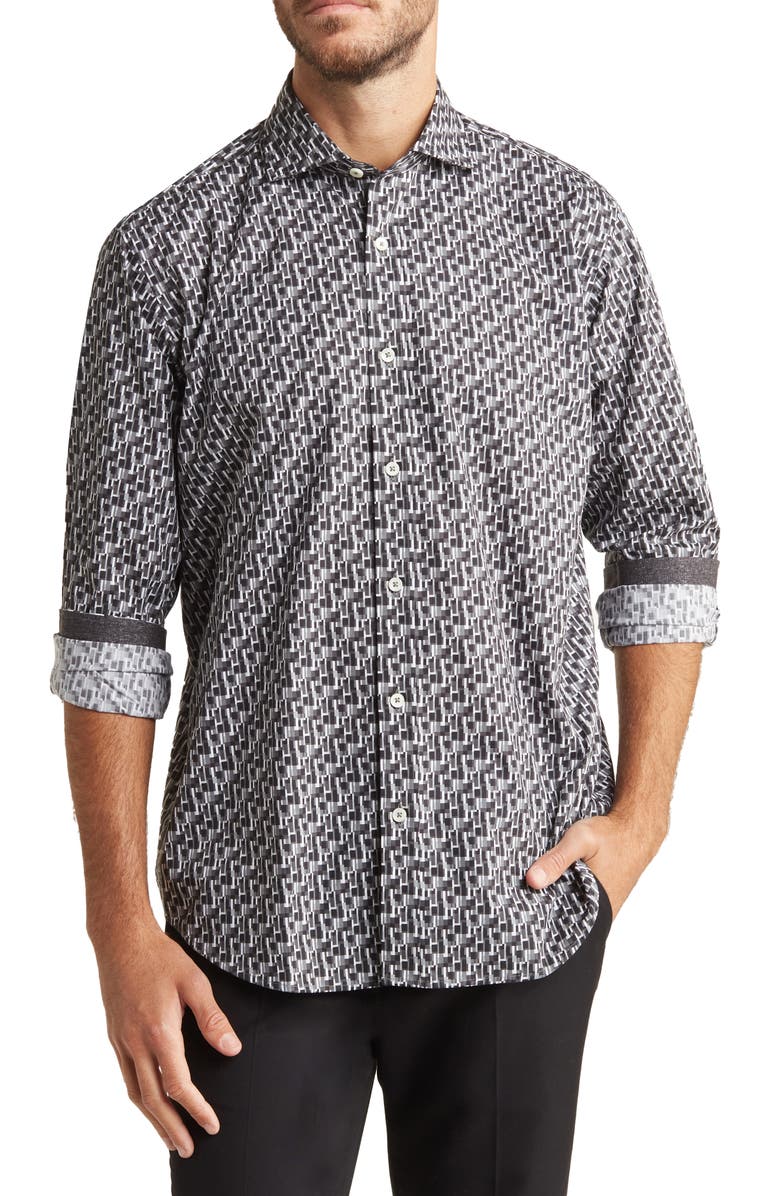 Bugatchi Classic Fit Cotton Geometric Square Print Button-Up Shirt ...